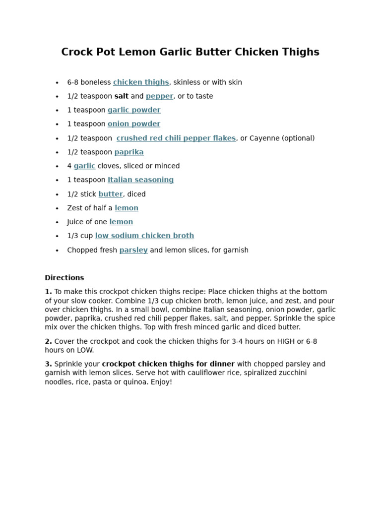 Crock Pot Lemon Garlic Butter Chicken Thighs | PDF