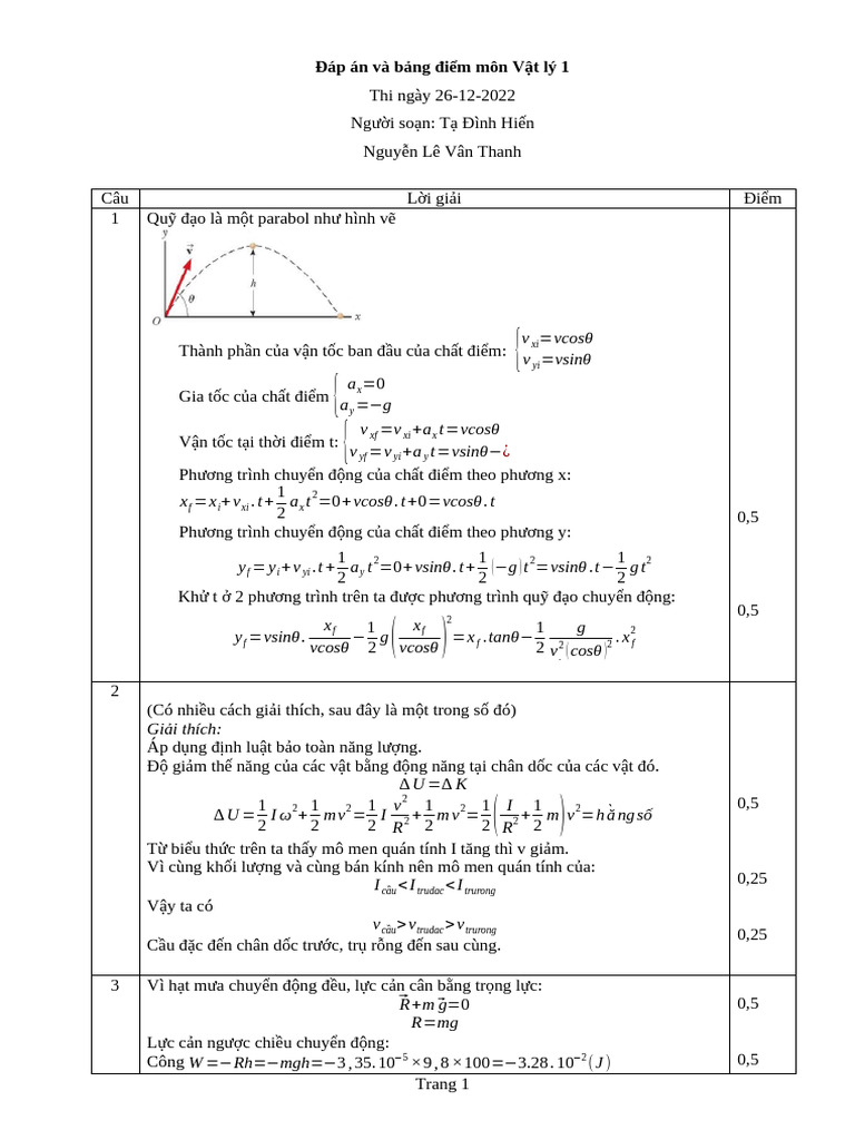 Đáp án - Vật lý 1 - HK1 - 2022-2023 - CLC | PDF