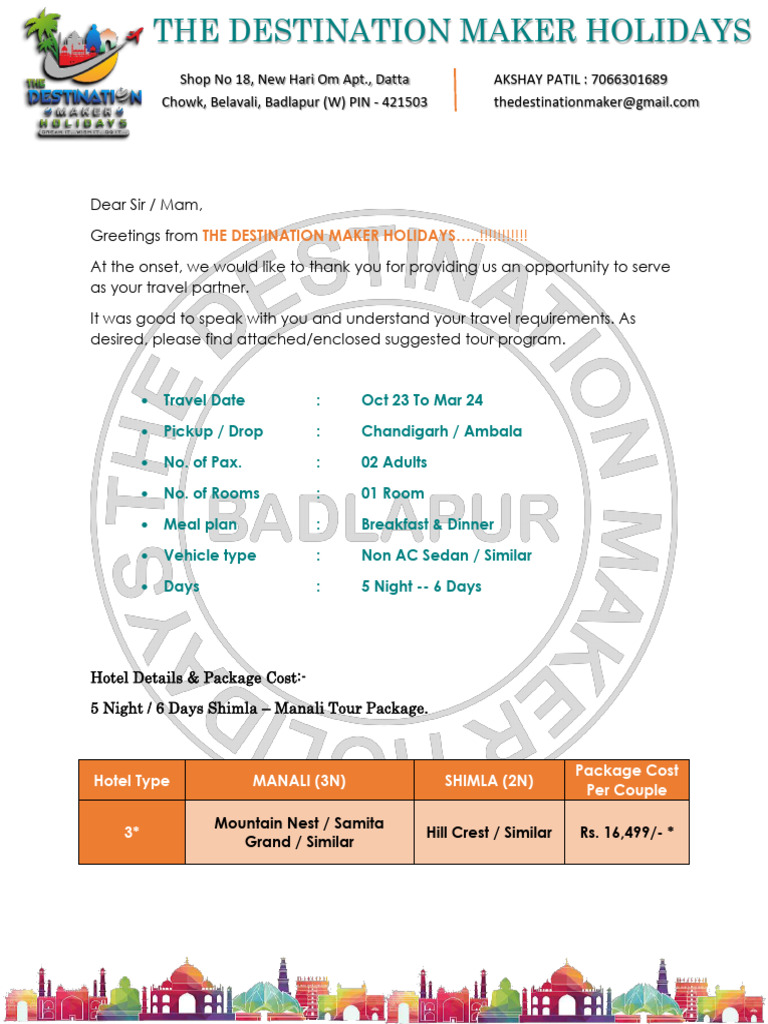 Shimla Manali 5n 6d OCT 23 To MAR 24 | PDF | Fee | Hotel