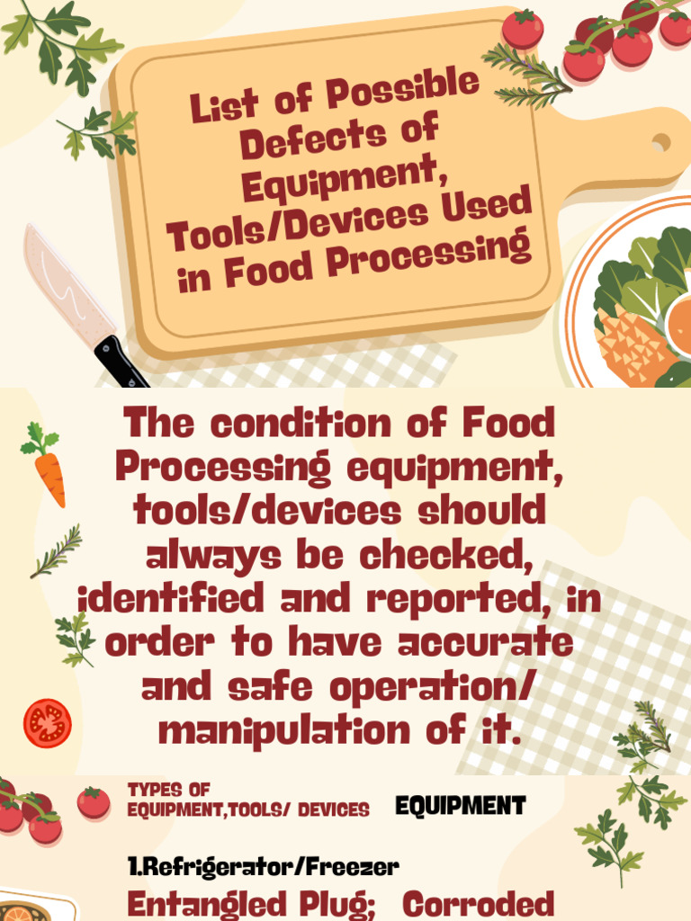 List of Possible Defects of Equipment, ToolsDevices Used in Food ...