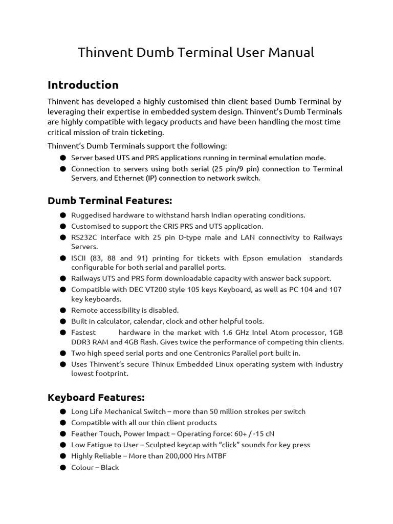 Thinvent Dumb Terminal Manual | PDF | Computer Architecture | System ...