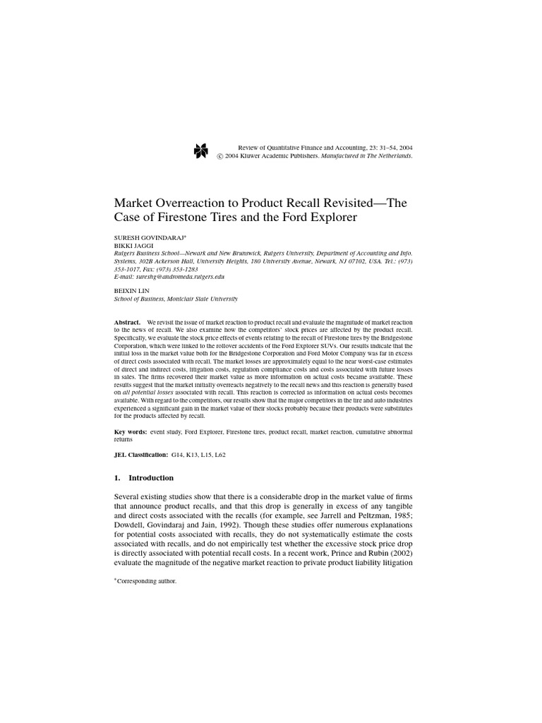 Market Overreaction To Product Recall R... Firestone Tires and The Ford ...