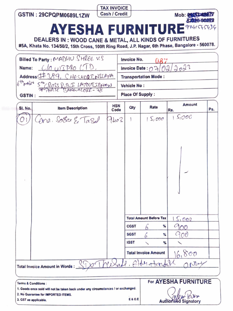 Ayesha Furniture Tax Invoice Details | PDF