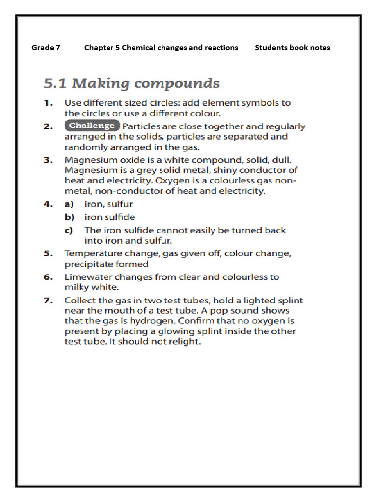 Grade 7 Chemical Changes Notes | PDF
