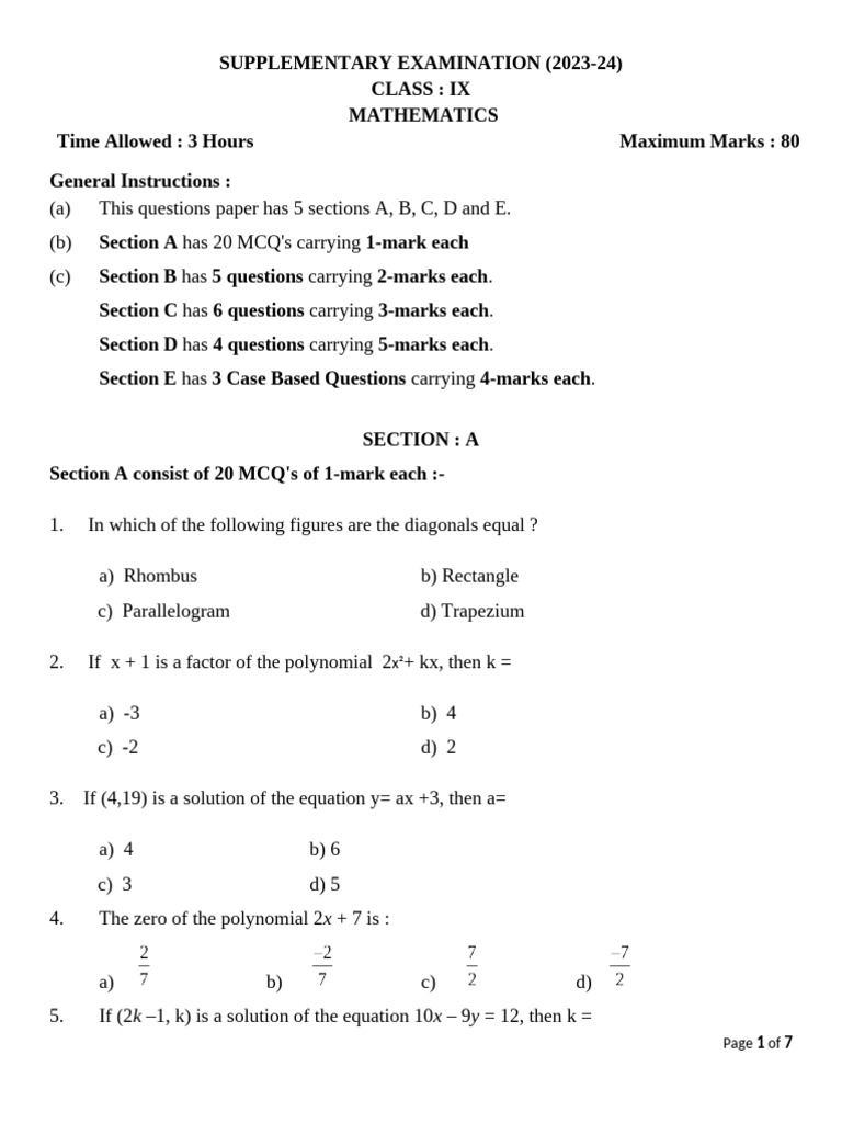 Class Ix Maths Supplementary Paper | PDF | Area | Circle