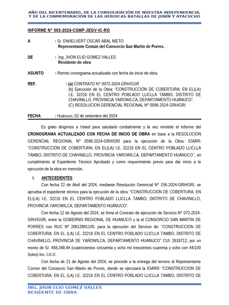 Informe Cronograma Obra Lliclla Tambo | PDF | Gobierno | Gobernancia