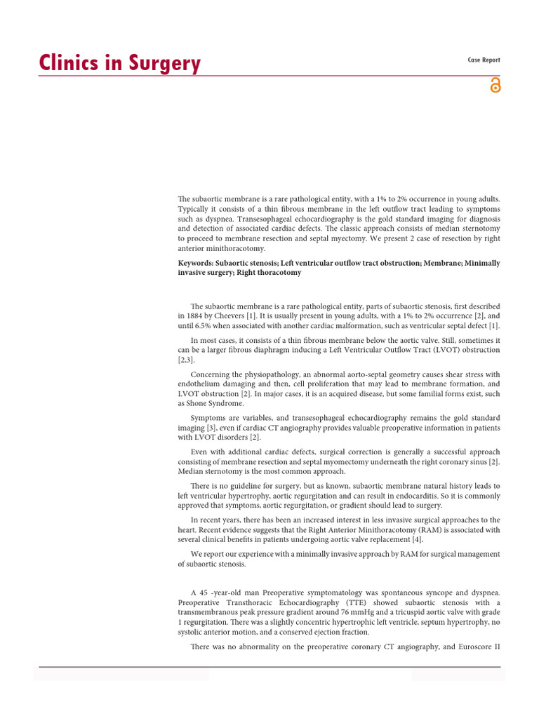 Right Anterior Minithoracotomy To Treat Subaortic Membrane | PDF ...
