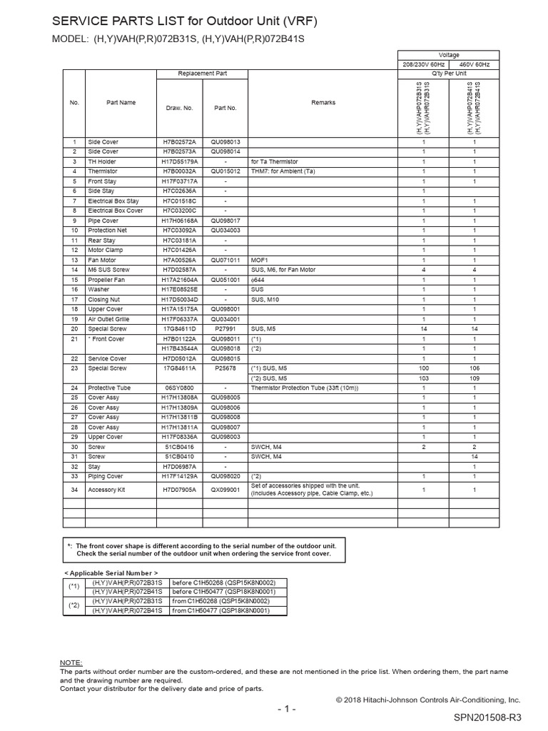 Hitachi VRF Outdoor Unit Parts List | PDF | Screw | Washer (Hardware)