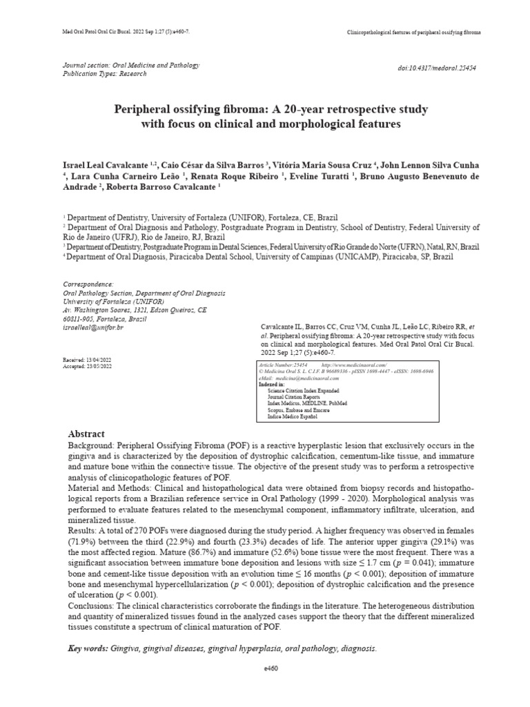Peripheral Ossifying Fibroma A 20 Year Retrospective Study With Focus ...