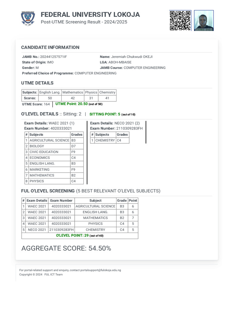 202441257571IF Result - FUL Post UTME Portal | PDF