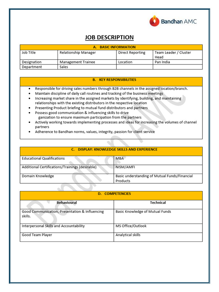 JD - Sales Relationship Manager - Bandhan | PDF