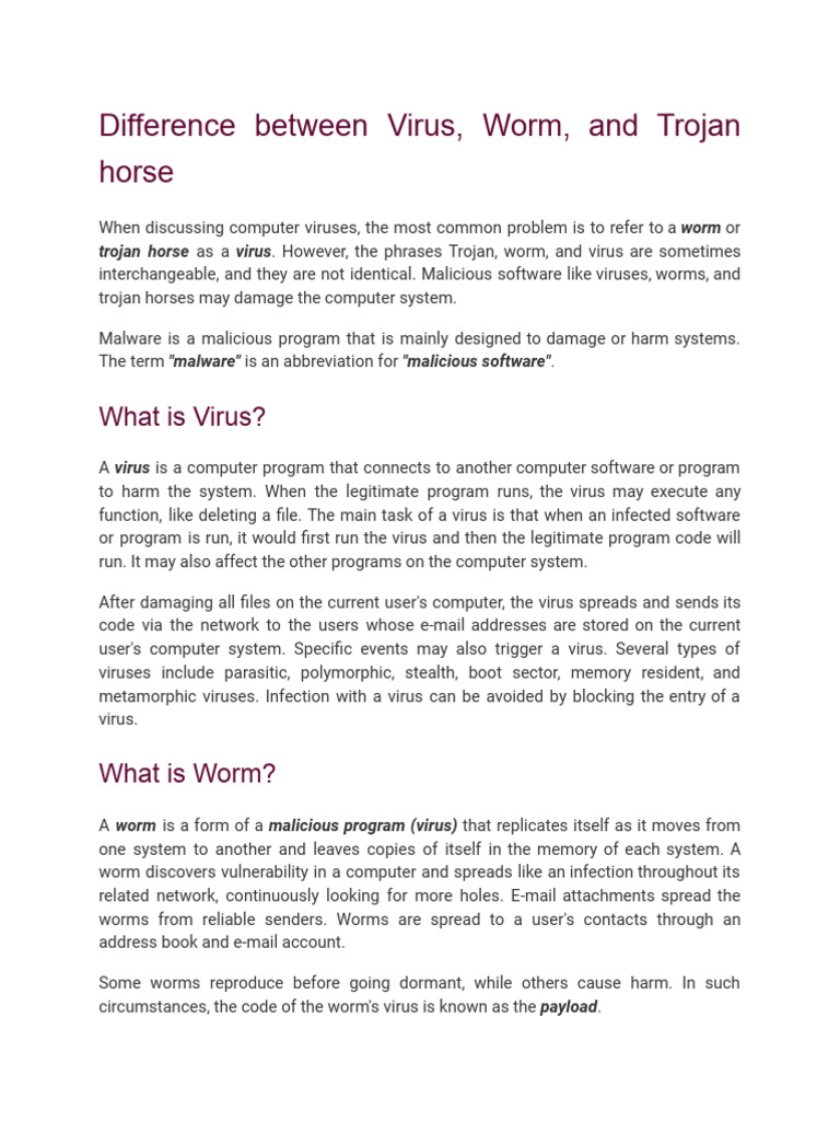 Difference between Virus, Worm, and Trojan horse | PDF | Computer Virus | Malware