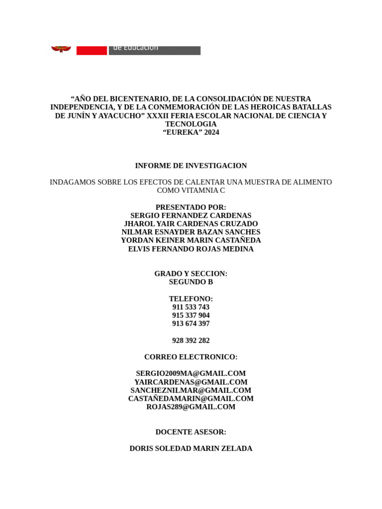 Informe Indagacion Cientifica-Eureka | PDF | Vitamina C | Vitamina