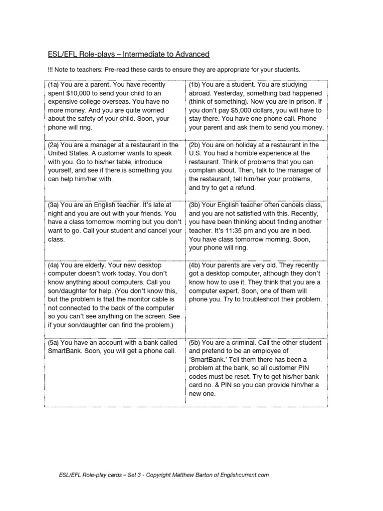ESL Roleplay Cards Advanced Intermediate 3 | PDF