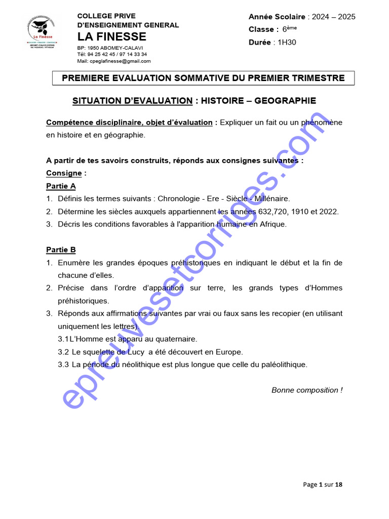 1ere Evaluation Sommative Du 1er Trimestre Histoire-Geographie Classe ...