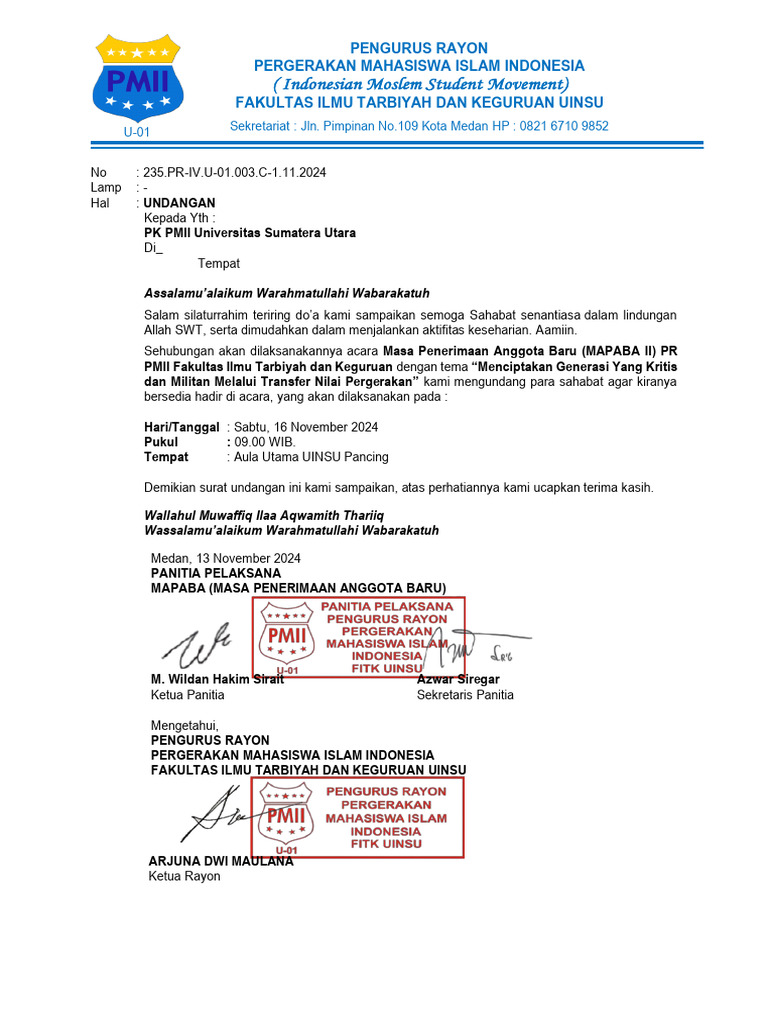 Undangan MAPABA II PMII UINSU 2024 | PDF