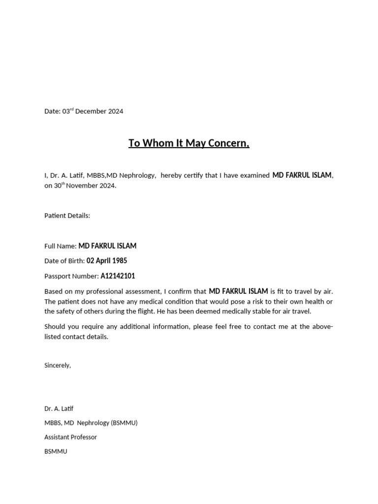 Air Travel Fitness Certification | PDF