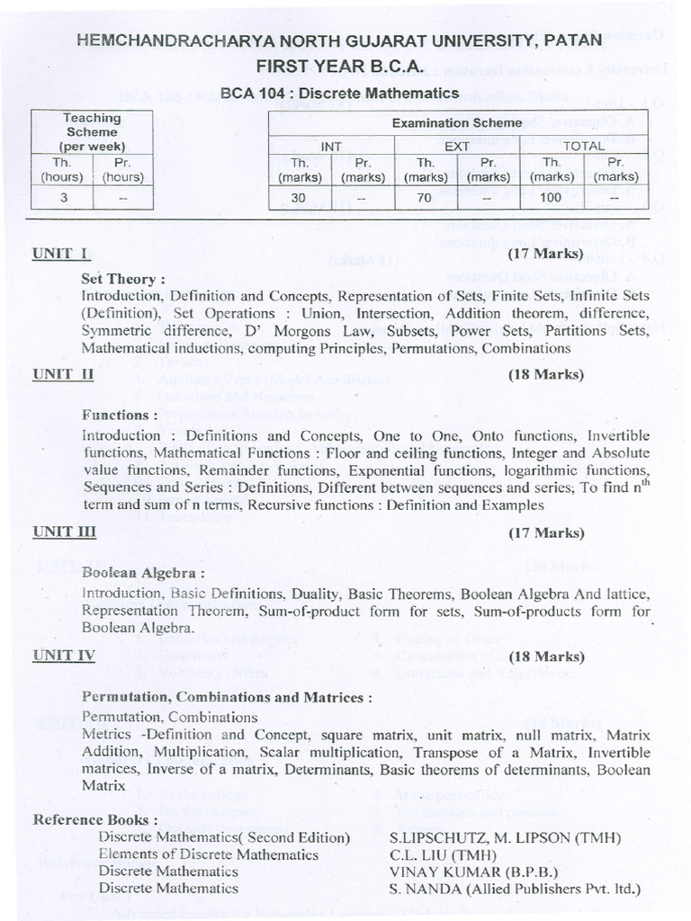 Discrete Mathematics Syllabus BCA 1st Year | PDF | Matrix (Mathematics ...