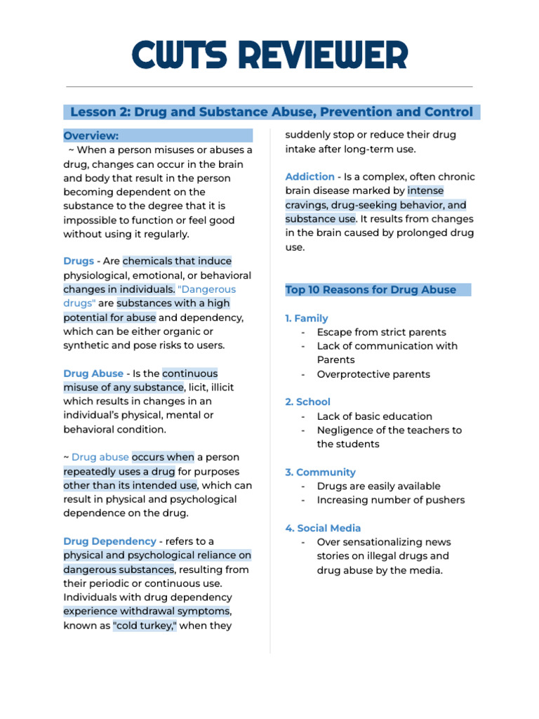 CWTS - Lesson 2 | PDF | Substance Abuse | Substance Dependence