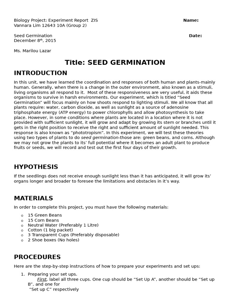 Seed Germination Report Sample Easy | PDF | Seed | Plants