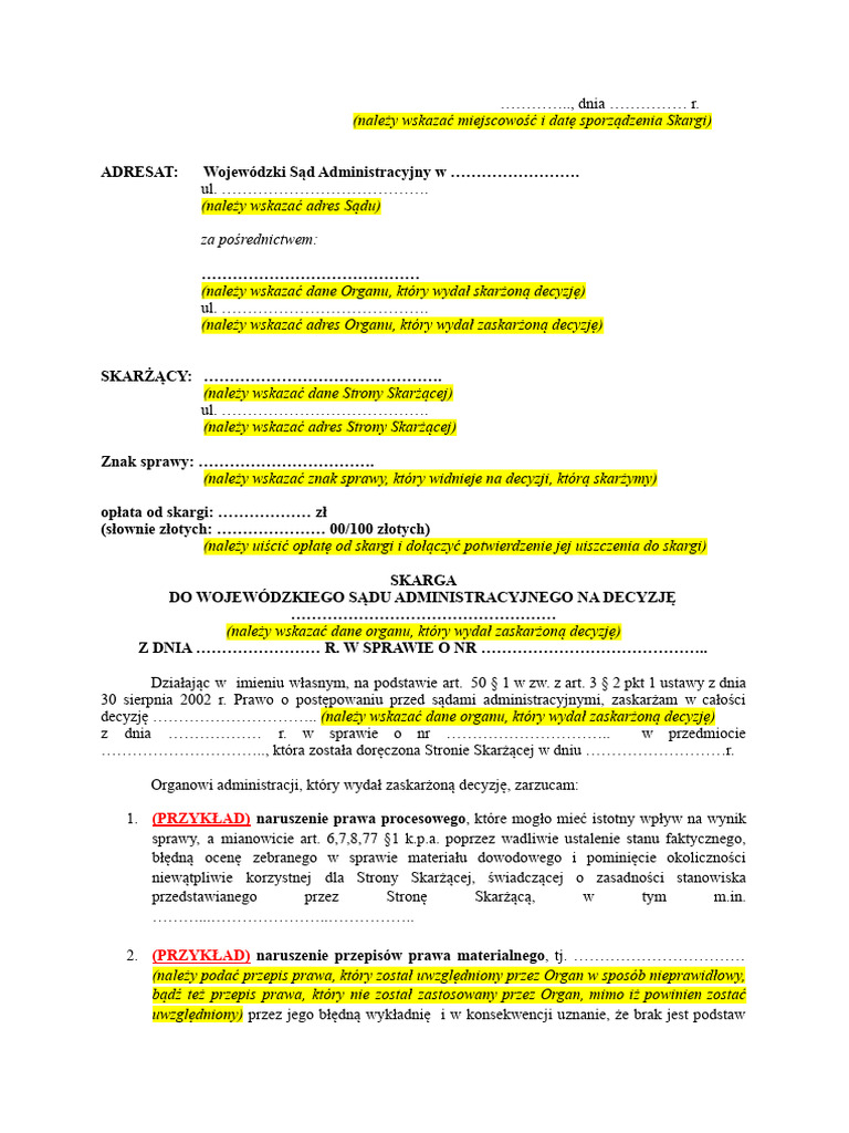 Odwolanie Do Wojewodzkiego Sadu Administracyjnego Wzor | PDF