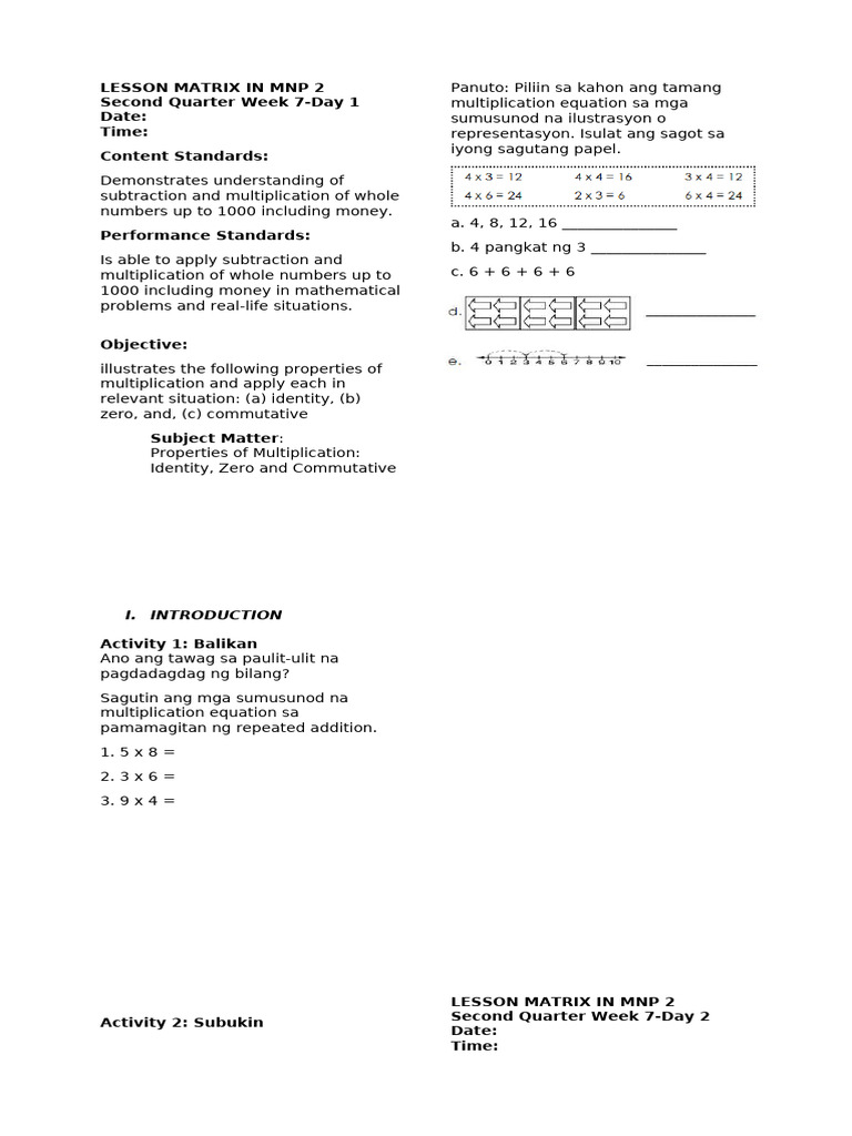 WEEK 7 Properties of Multiplication Identity, Zero and Commutative | PDF