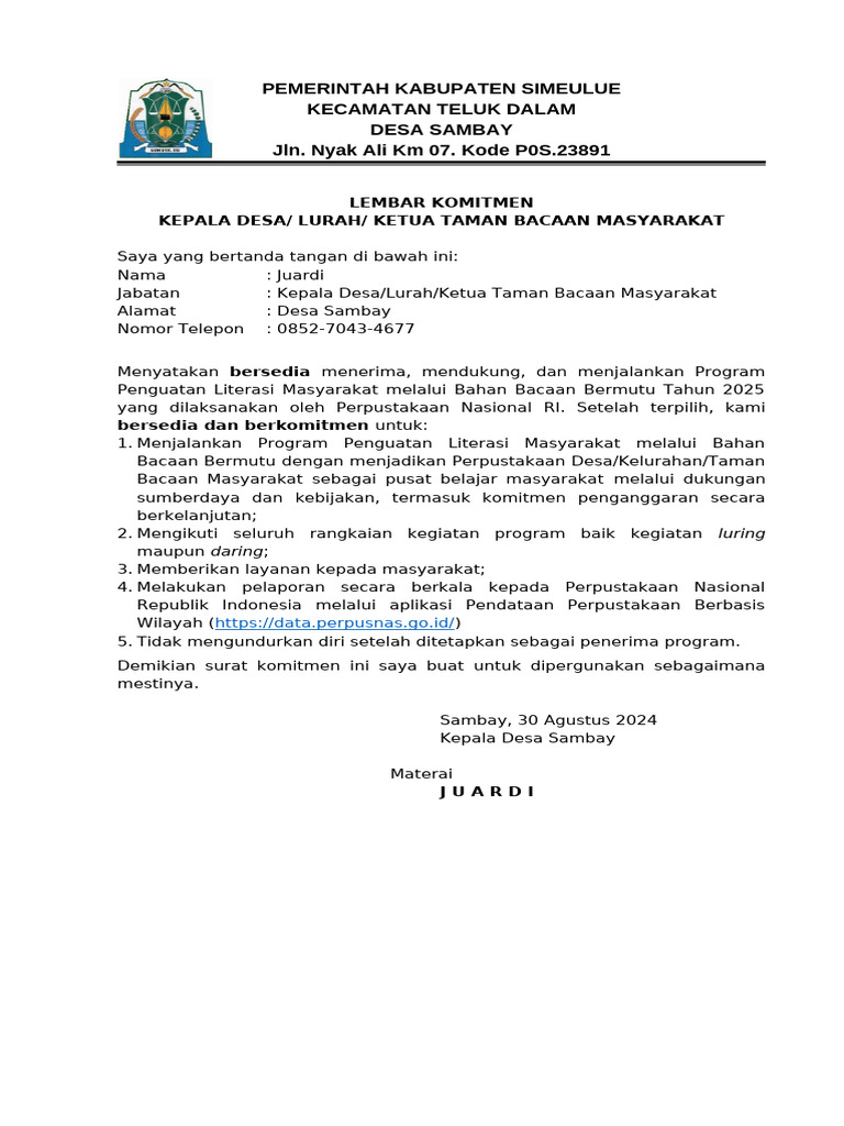 Format Lembar Komitemen Kepala Desa Atau Lurah Atau TBM | PDF