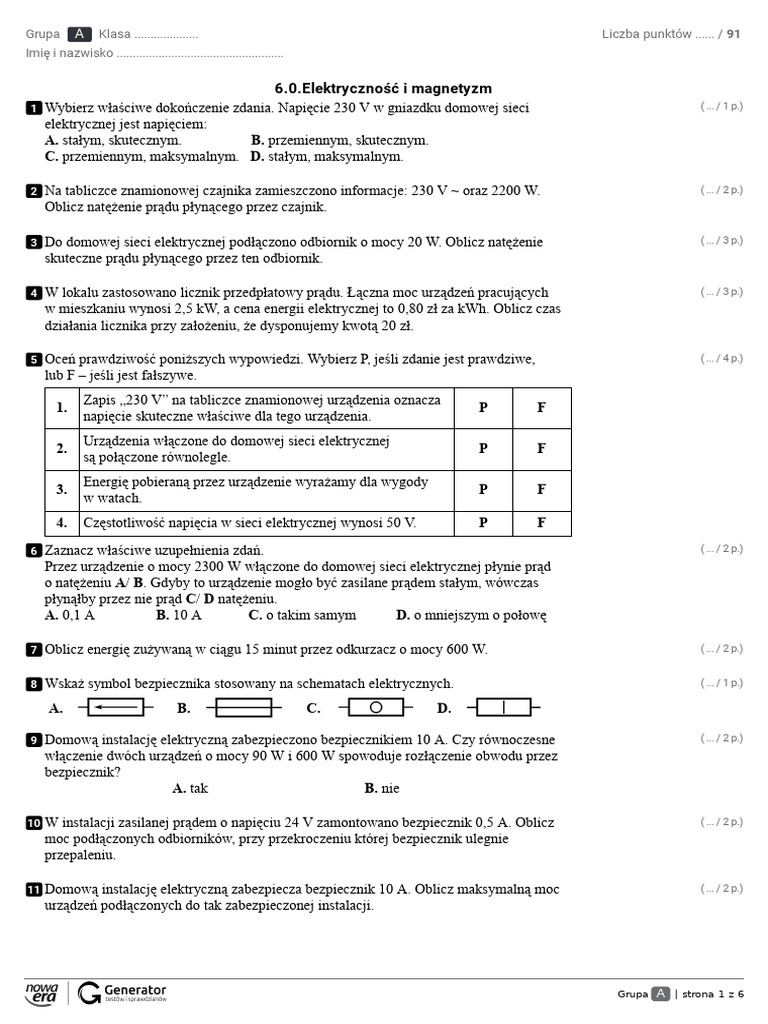 6.0.elektrycznosc I Magnetyzm-Test | PDF