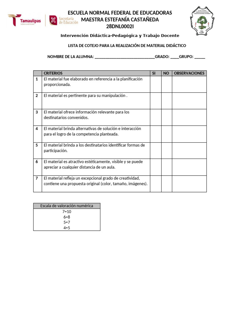 Lista de Cotejo para Material Didã¡ctico | PDF