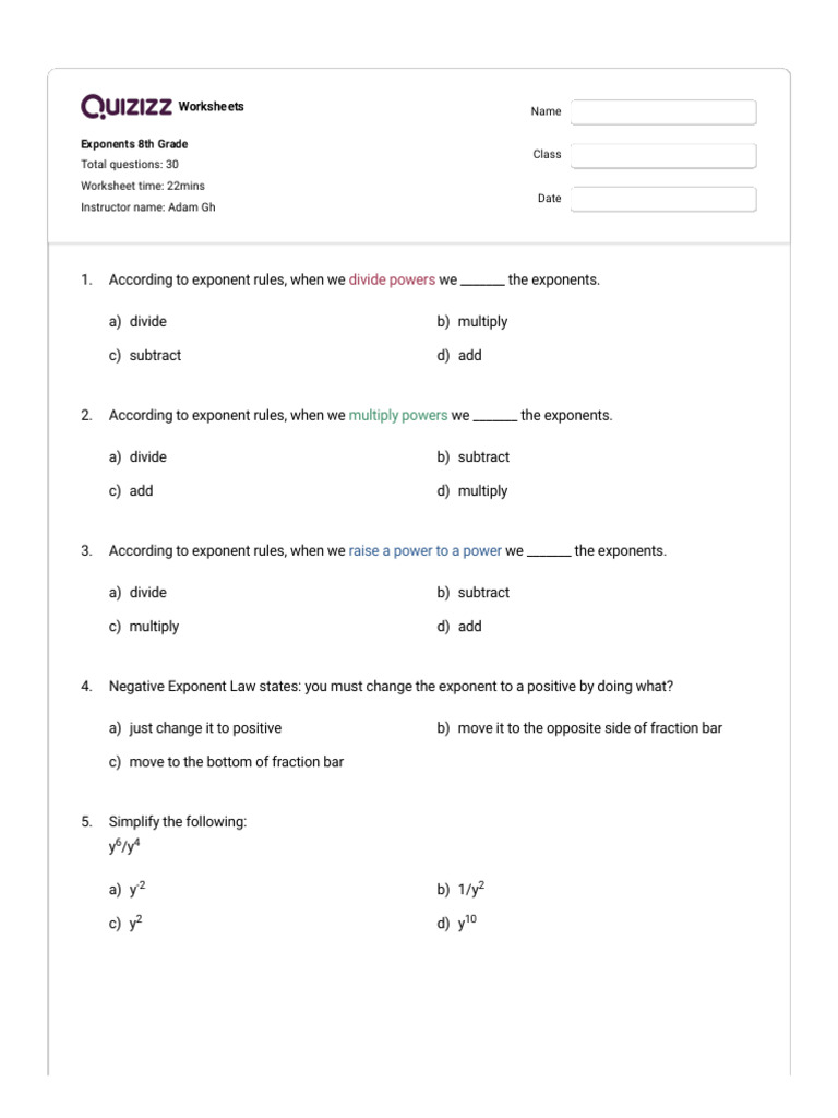 8th Grade Exponents Worksheet | PDF | Exponentiation | Mathematical ...