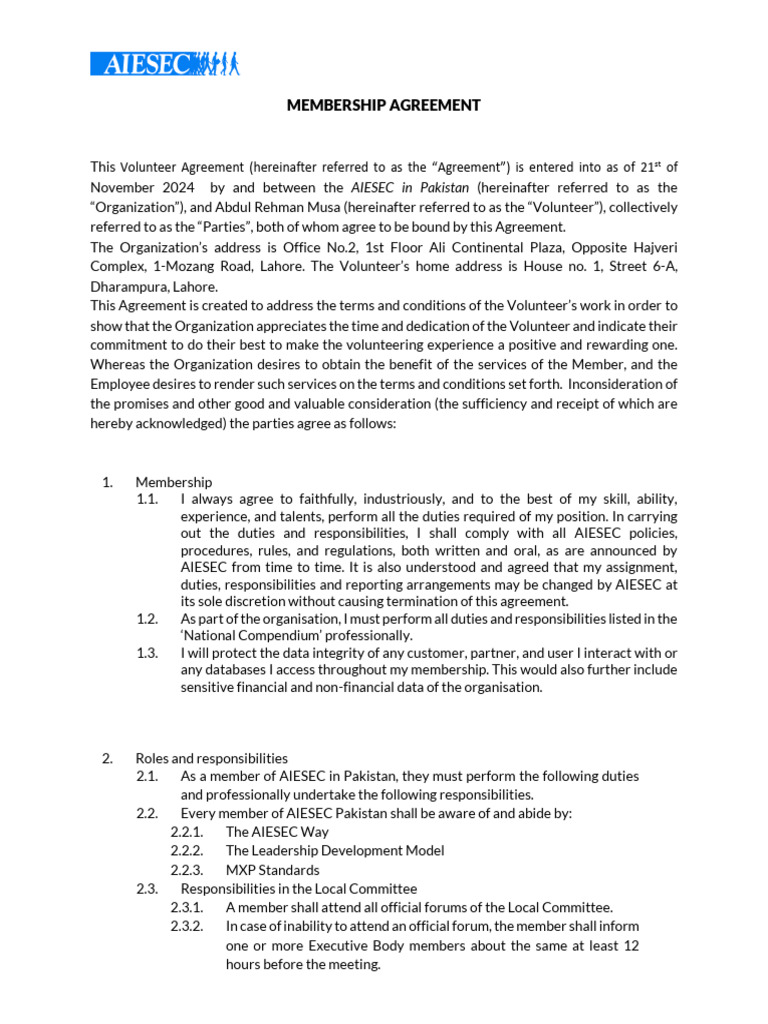AIESEC Membership Contract (Abdul Rehman Musa) | PDF | Contractual Term ...