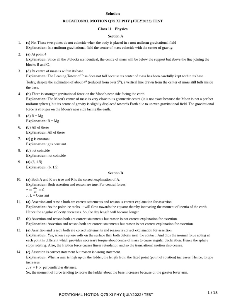 XI Sol 75 Rotational Motion | PDF | Rotation Around A Fixed Axis | Torque