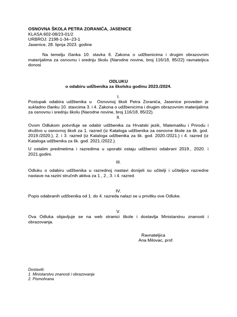 Odluka o Odabiru Udzbenika 2023.2024. | PDF