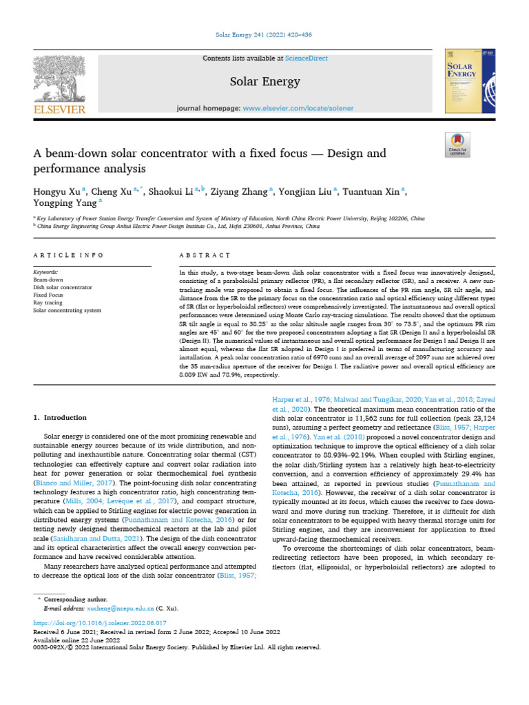 Beam-Down Solar Concentrator Design | PDF | Optics | Aperture