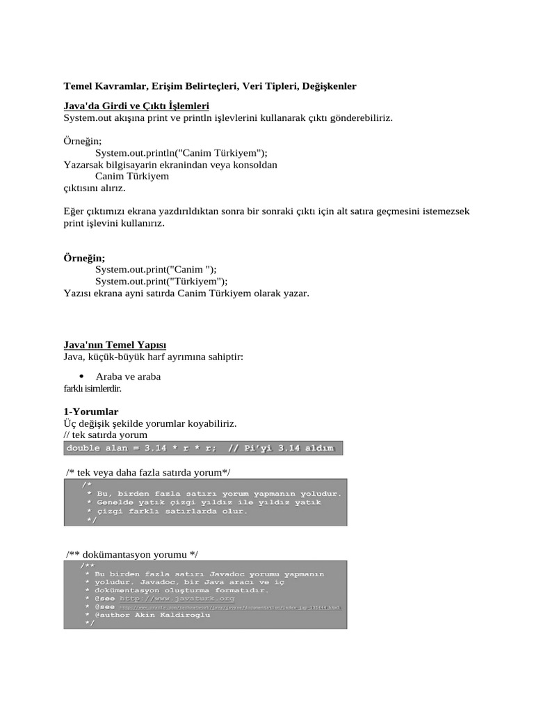 Temel Kavramlar, Erişim Belirteçleri, Veri Tipleri, Değişkenler Java'da ...