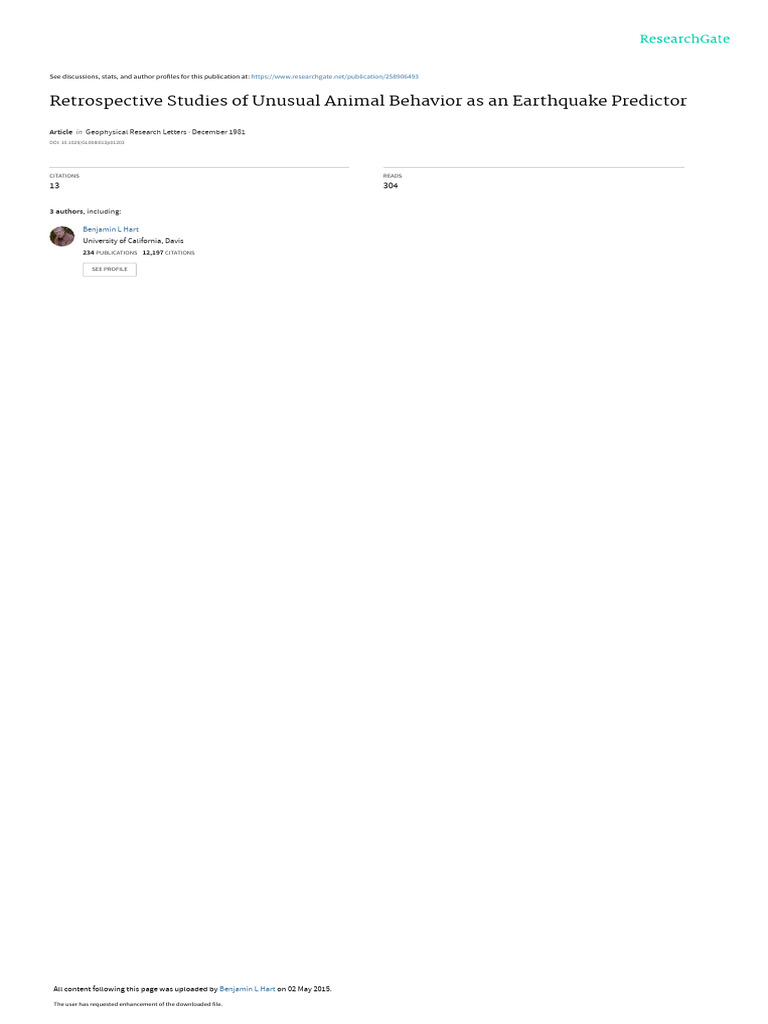 Retrospective Studies of Unusual Animal Behavior As An Earthquake Predictor | PDF