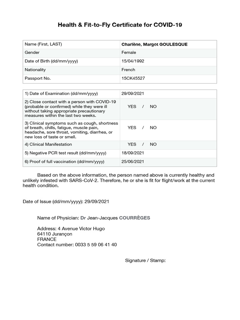 Health & Fit-to-Fly Certificate Charlene Goulesque | PDF