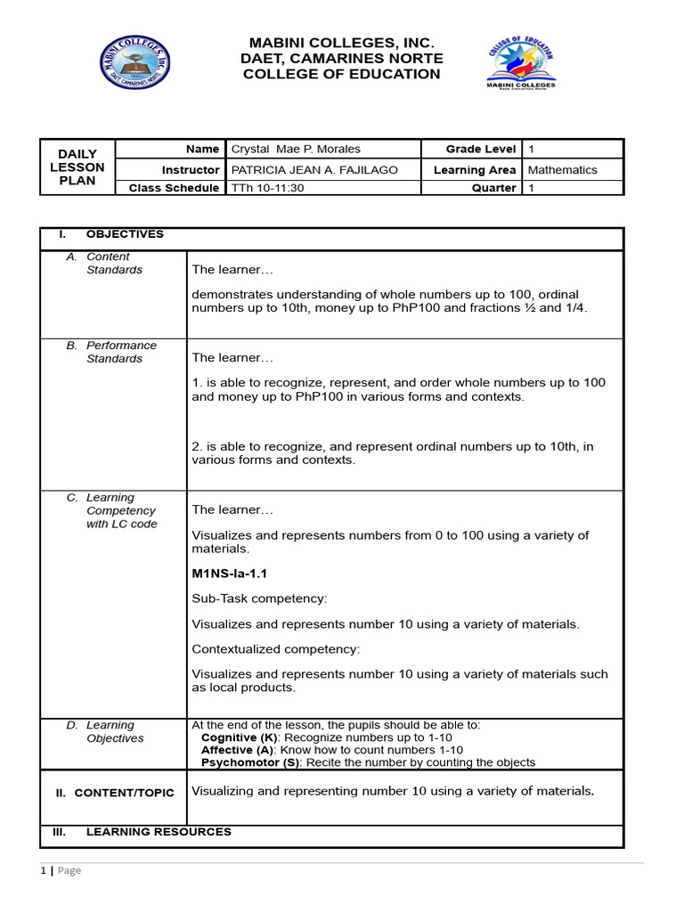 Detailed Lesson Plan Format Math-1 (1) | PDF | Learning | Human ...