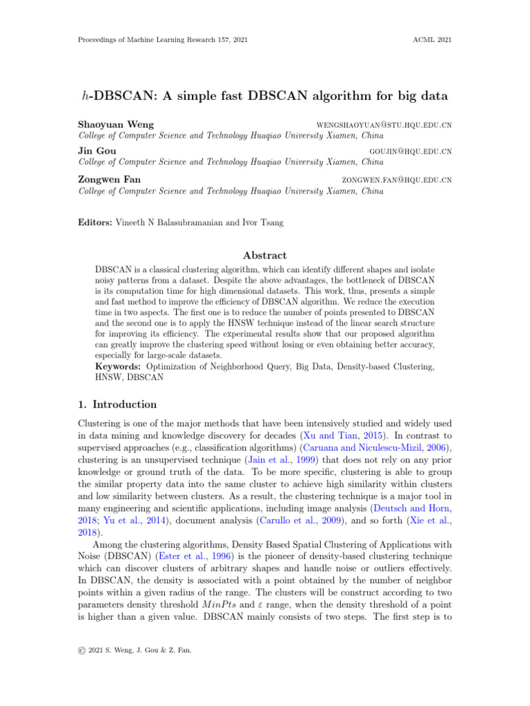 Fast h-DBSCAN for Big Data Clustering | PDF | Cluster Analysis | Machine Learning