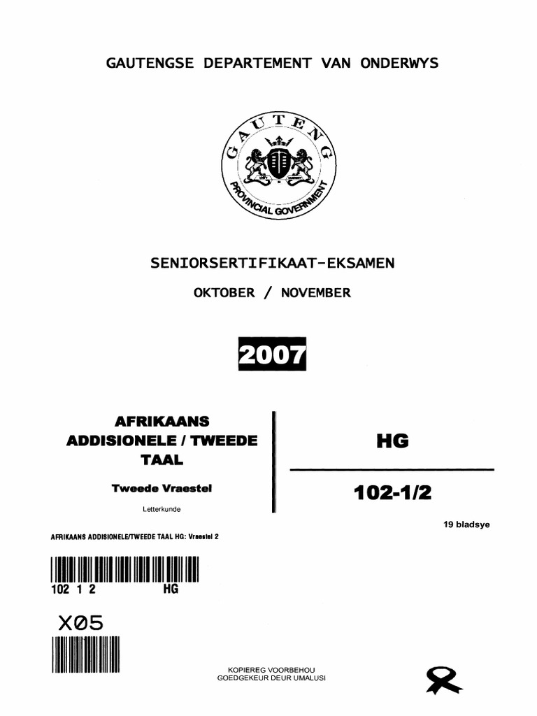 Grade 12 SC Afrikaans (FAL) (HG) P2 November 2007 Question Paper | PDF