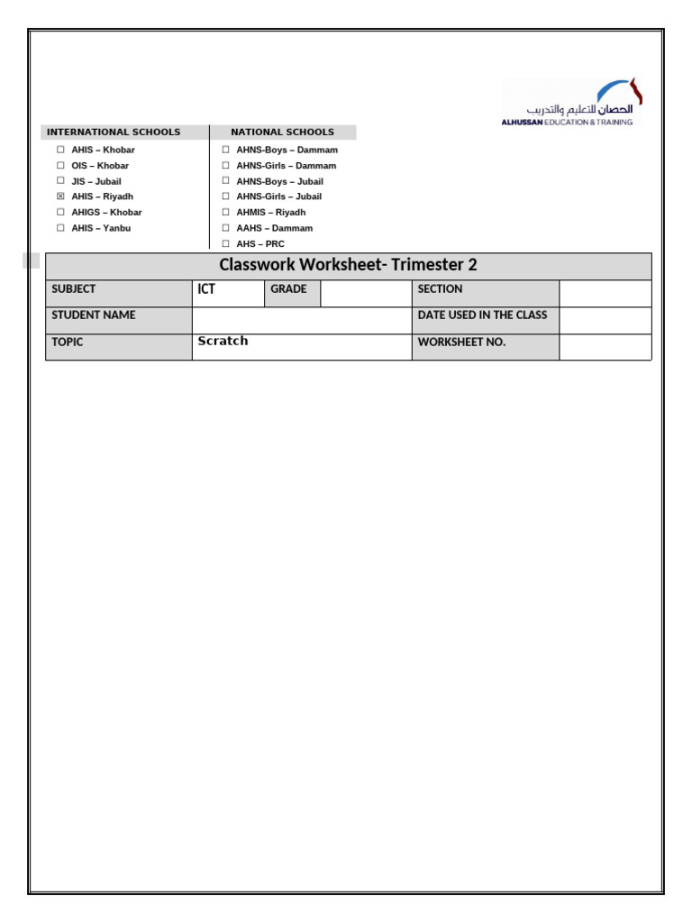 Classwork Worksheet-Trimester 2: Subject Grade Section Student Name Date Used in The Class Topic ...