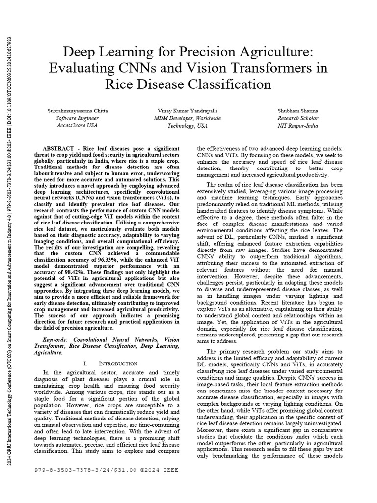 Deep Learning for Precision Agriculture Evaluating CNNs and Vision Transformers in Rice Disease ...