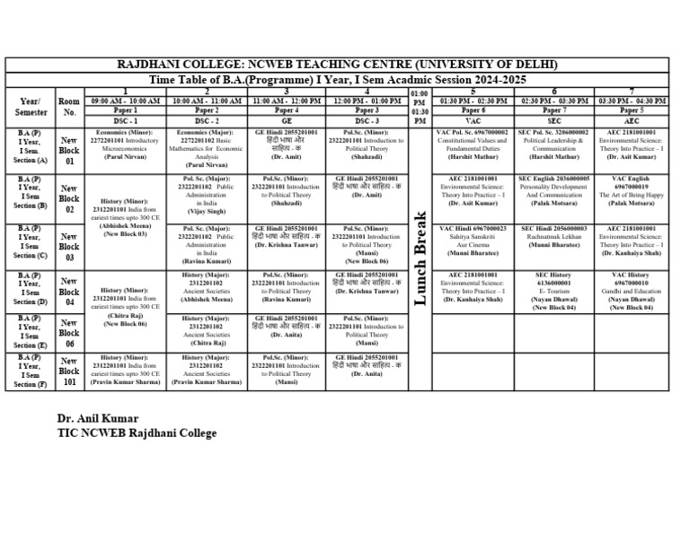 B.A. I Year Timetable 2024-2025 | PDF