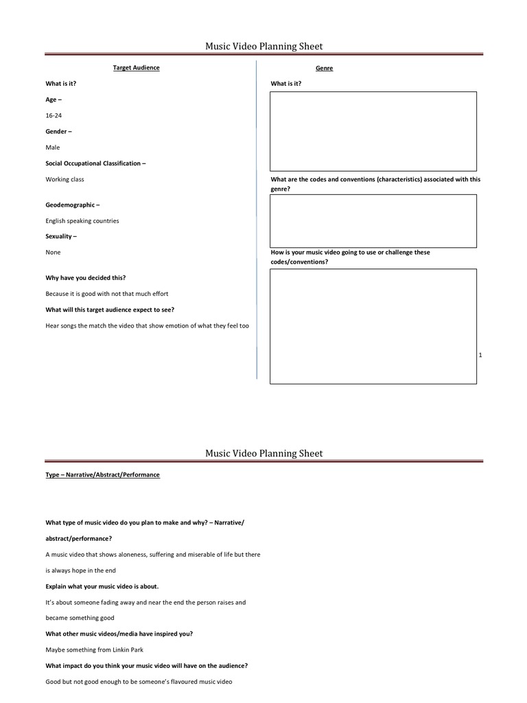 Music Video Planning Sheet | PDF