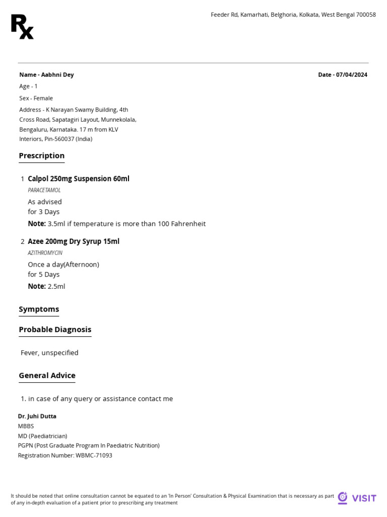 Pediatric Fever Prescription Guide | PDF