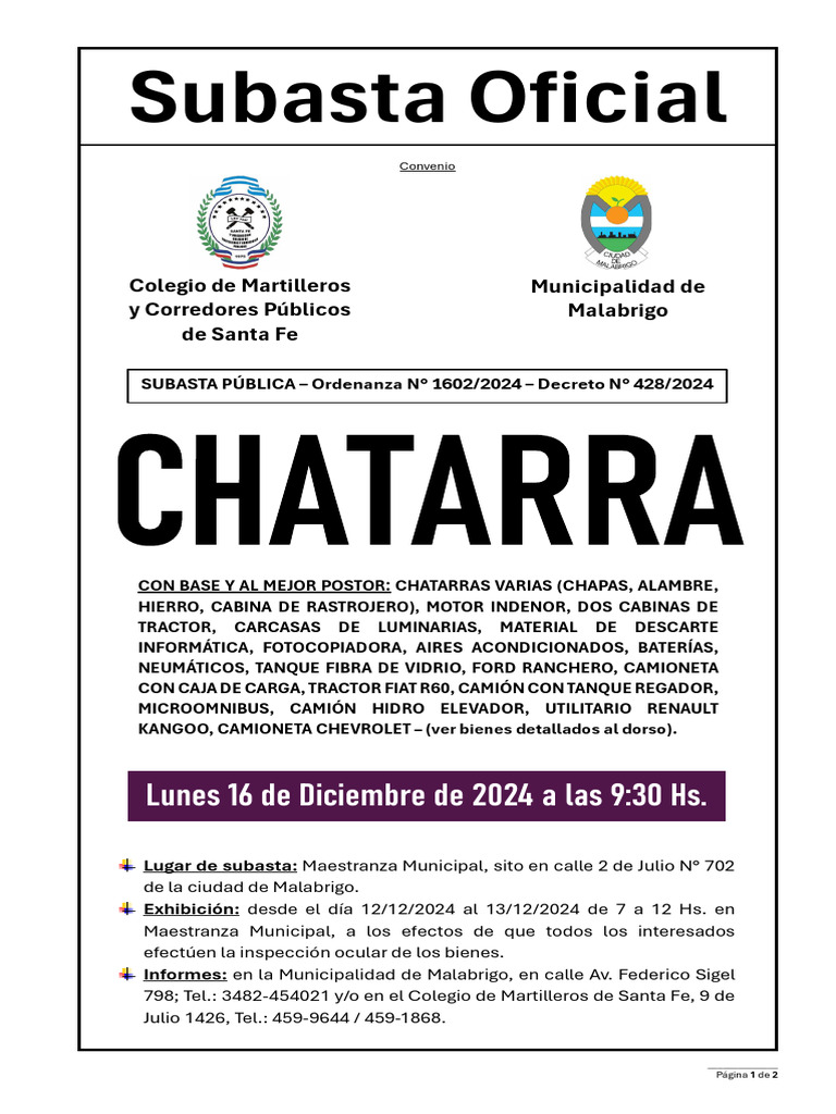 Subasta Oficial - Municipalidad de Malabrigo - Dic. 2024 | PDF | Documento de identidad | Subasta