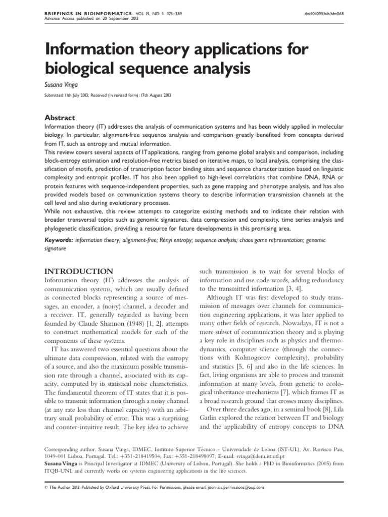 Information Theory Applications For Biological Sequence Analysis - PMC | PDF | Information | Entropy