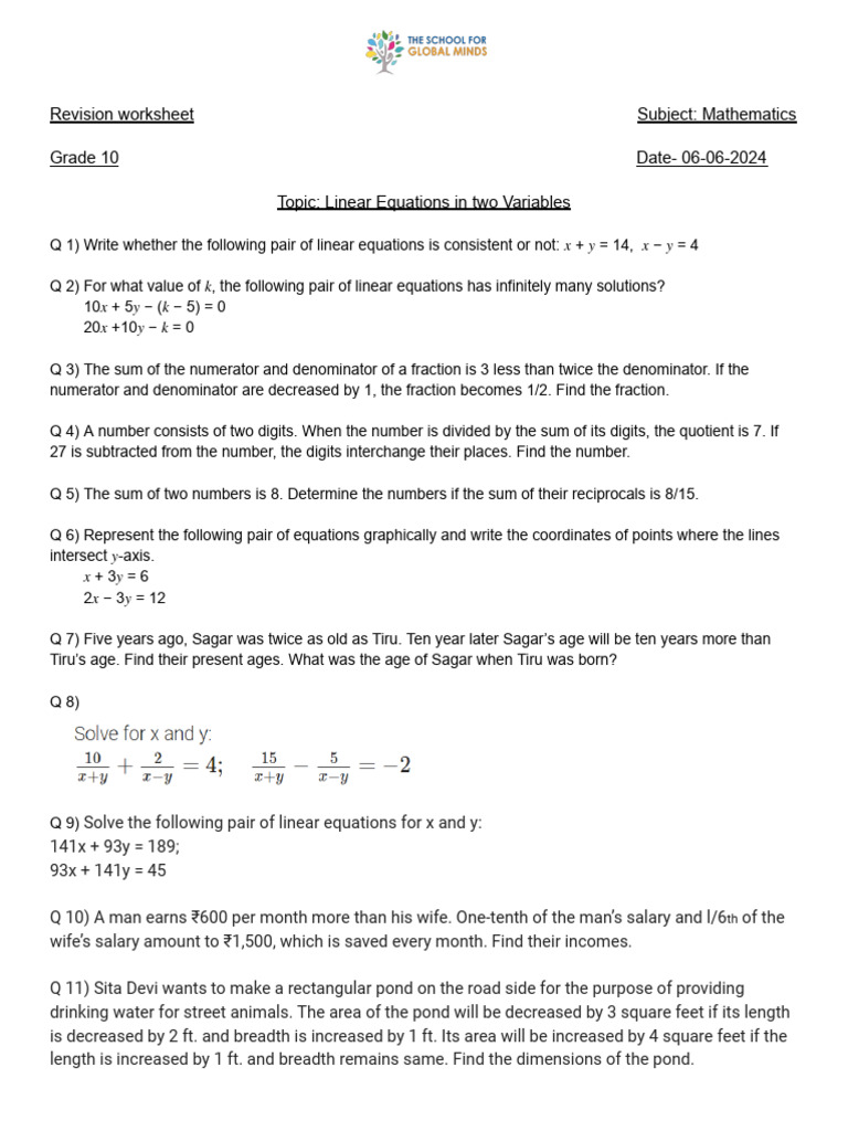 LETV class 10 worksheet | PDF | Length | Equations