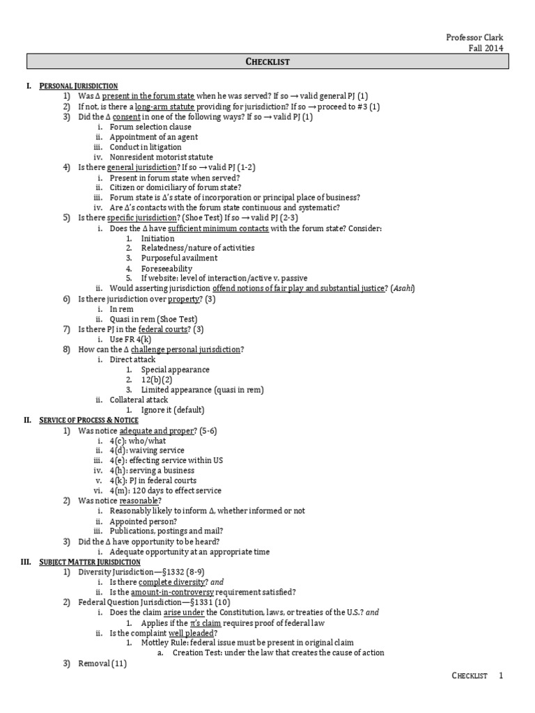 Personal Jurisdiction Checklist Guide | PDF | Supplemental Jurisdiction ...