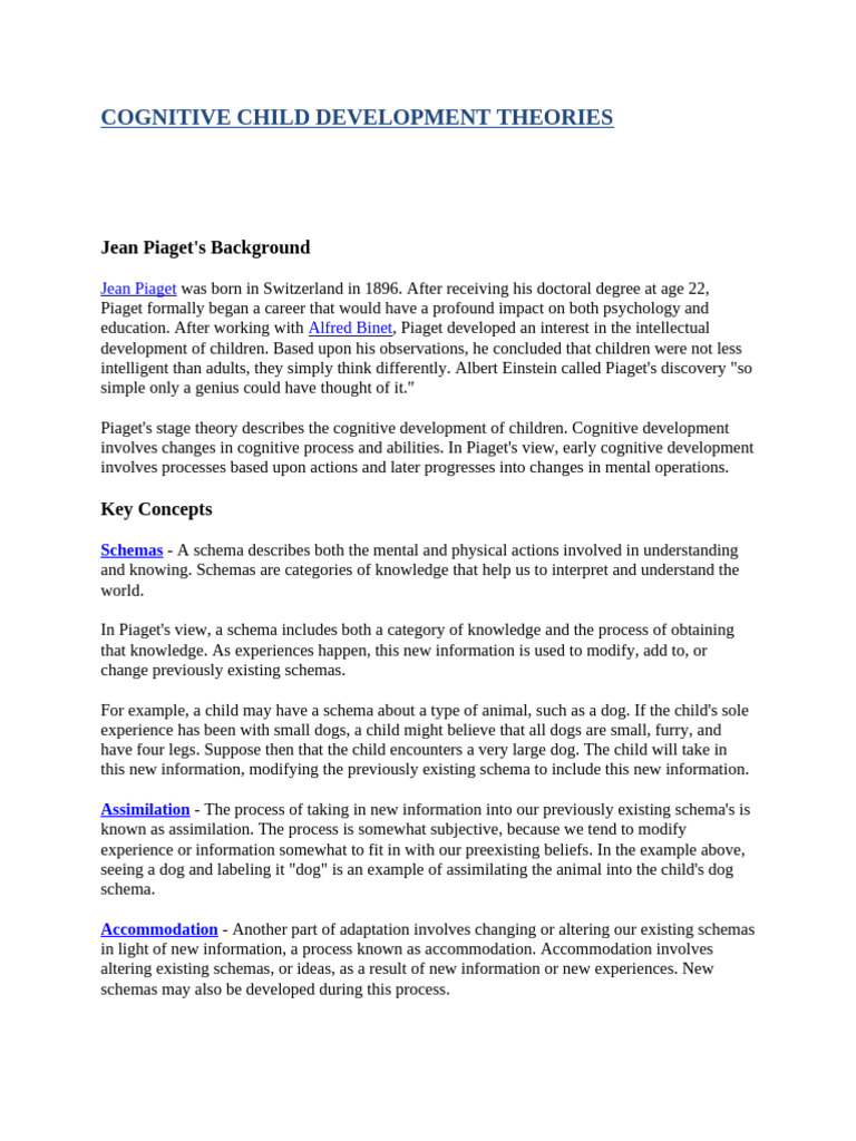 COGNITIVE CHILD DEVELOPMENT THEORIES | PDF | Schema (Psychology) | Thought